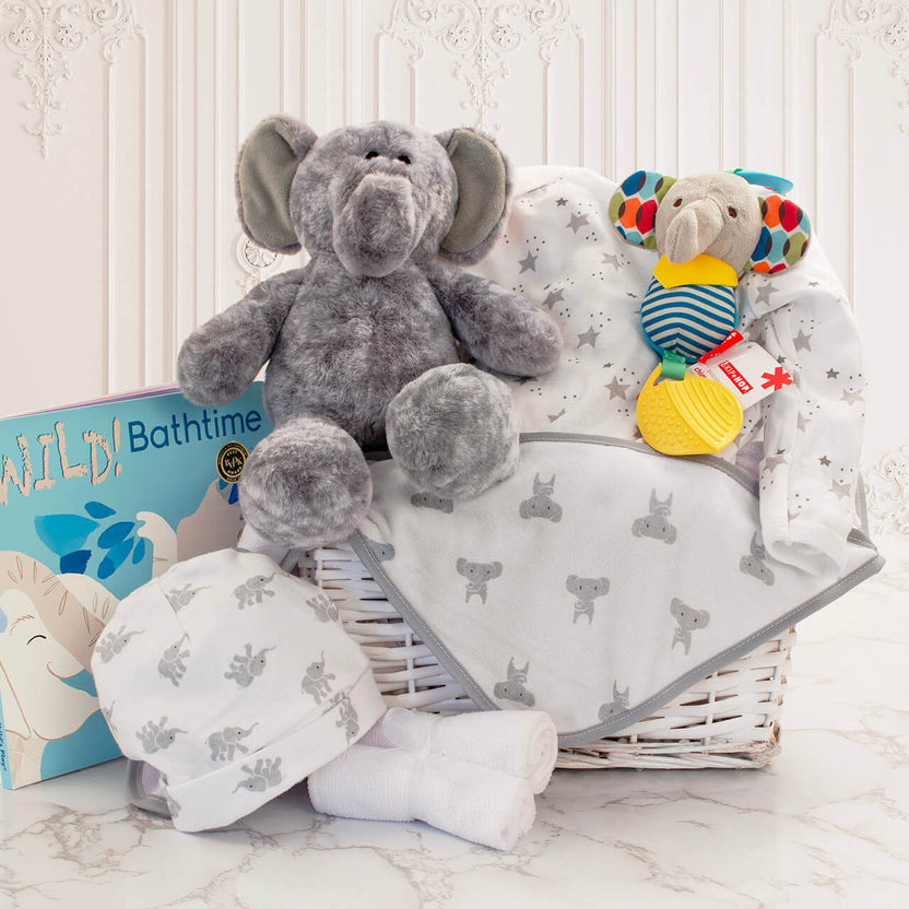 Newbie Neutral Baby Basket - Explore Stork Baby Gifts